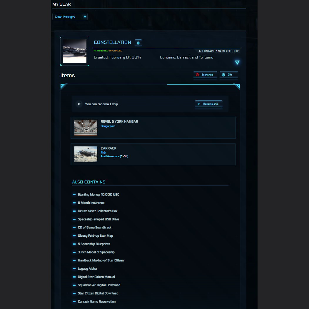 Space-Foundry.com: RARE !!! Game Package w/ SQ42 + Carrack Original + 10k UEC + Carrack Name ...